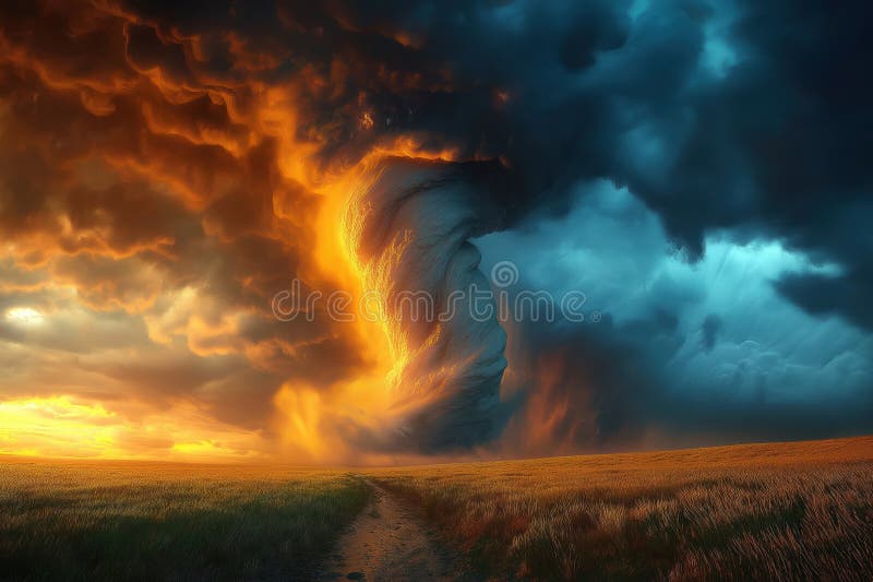 Dramatic Oblique View of Large Tornado Forming Over Field at Sunset ...