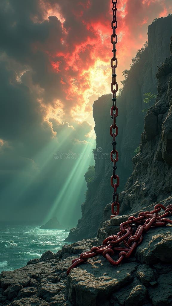 Dramatic Ocean Cliff Scene with Red Chain and Sunlit Clouds at Sunset ...