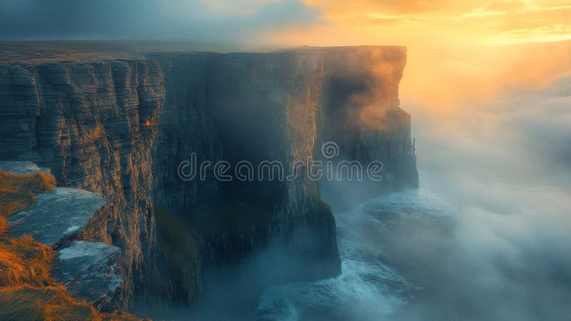 Dramatic Ocean Cliff at Sunset with Fog Stock Illustration ...