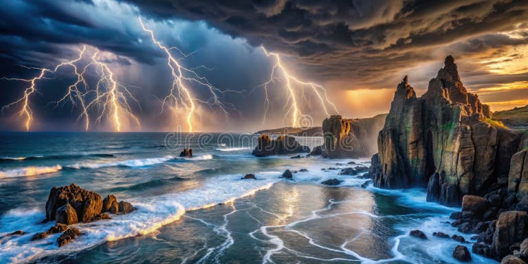 Dramatic Ocean Cliffscape with Multiple Lightning Strikes at Sunset ...