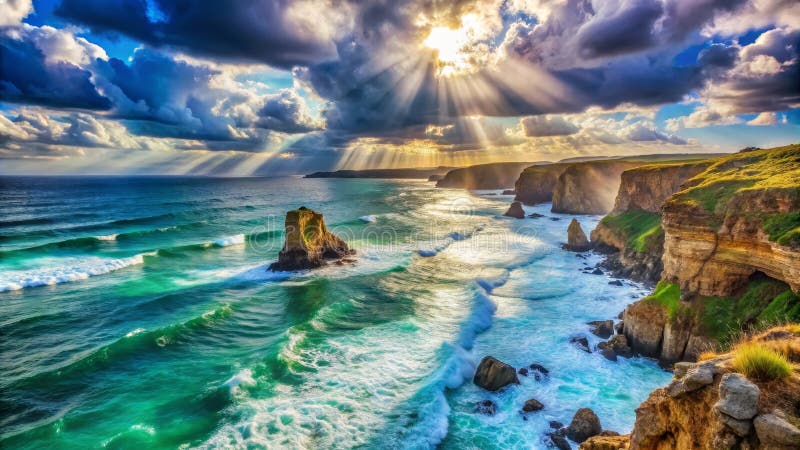 Dramatic Ocean Cliffscape with Sun Rays and Rolling Waves. Generative ...