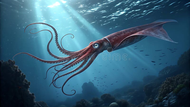 Dramatic Ocean Encounter with a Colossal Giant Squid in Deep Blue ...