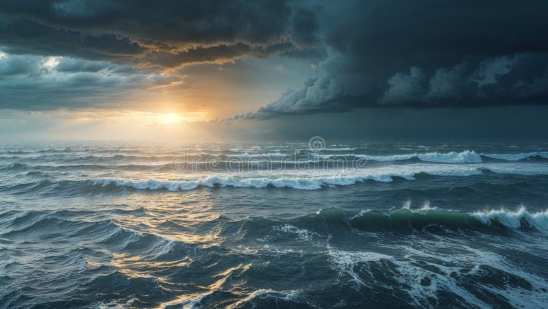 Dramatic Ocean Landscape with Approaching Storm and Sunlight Reflection ...