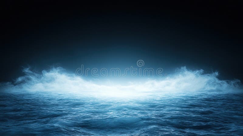 A Dramatic Ocean Scene with a Bright Light Source at the Horizon. Stock ...