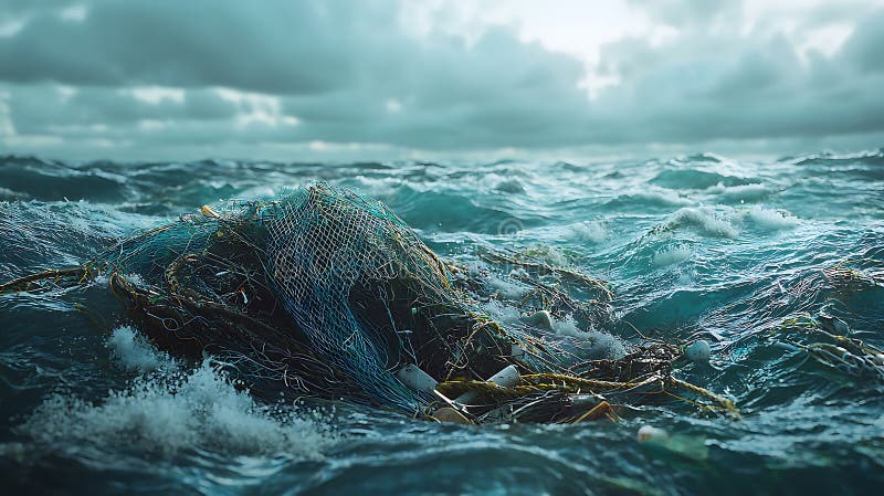 Dramatic Ocean Scene with Discarded Fishing Net and Plastic Debris ...