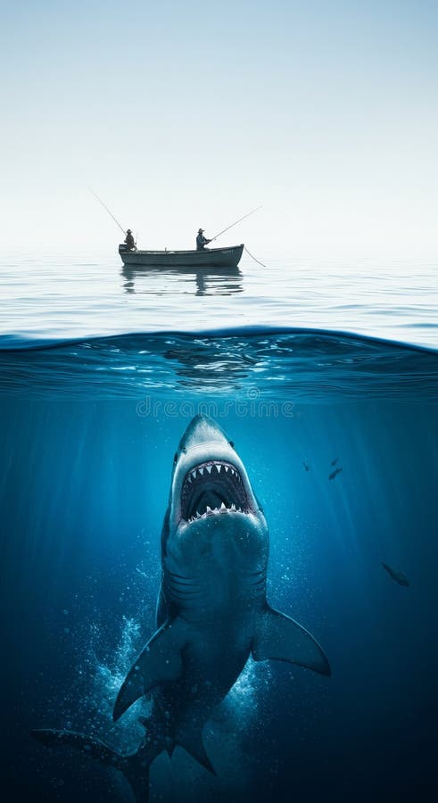 Dramatic Ocean Scene with Fishermen in Boat and Great White Shark Below ...