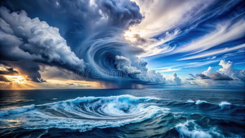 Dramatic Ocean Scene with a Swirling Vortex Cloud Formation Above a ...