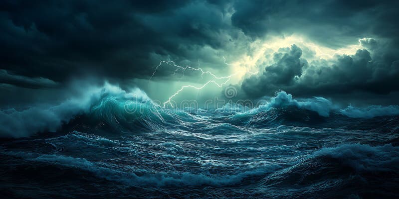 Dramatic Ocean Storm Dark Clouds Huge Waves and Intense Lighting ...