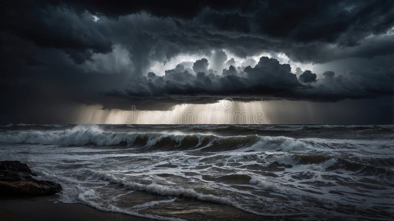 Dramatic Ocean Storm with Dark Clouds, Waves Crashing, and Light ...