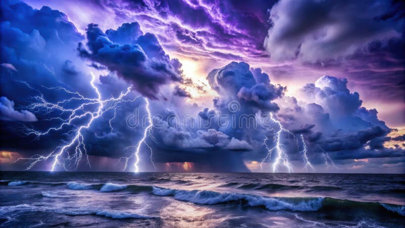 Dramatic Ocean Storm with Intense Lightning Strikes and Dark Clouds ...
