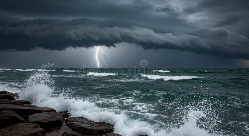 Dramatic Ocean Storm with Lightning Powerful Waves Crash Against Rocks As a Lightning Bolt ...
