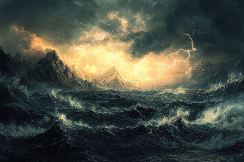 Dramatic Ocean Storm with Lightning and Rough Waves in Turbulent Sea ...