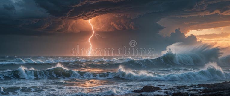 Dramatic Ocean Storm with Lightning and Sunset. Stock Photo - Image of theatrical, surprising ...