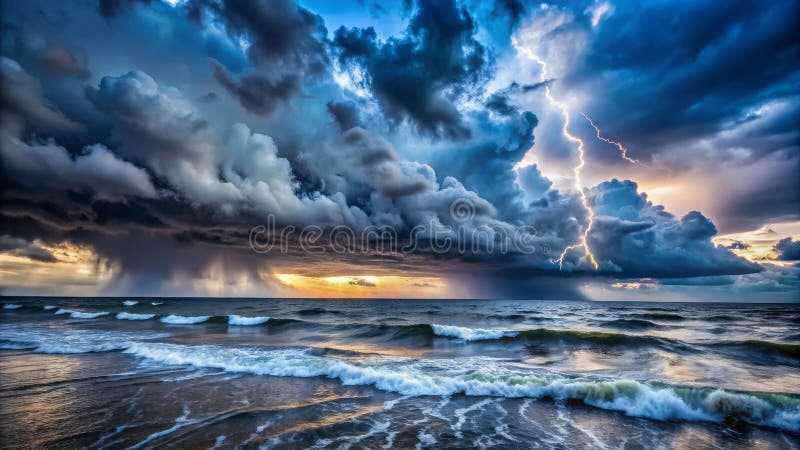 Dramatic Ocean Storm with Lightning and Waves at Sunset. Generative AI ...