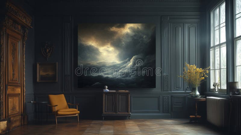 Dramatic Ocean Storm Painting in Dark Classic Room Stock Illustration ...