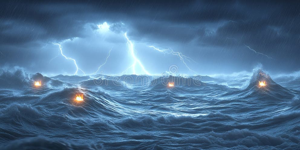 Dramatic Ocean Storm Scene with Lightning Strikes and Waves Crashing ...