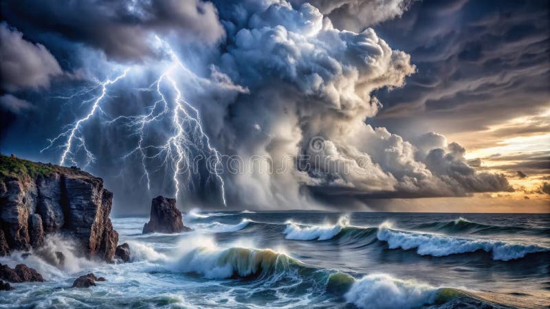 Dramatic Ocean Storm Scene with Lightning Striking Coastal Cliffs ...