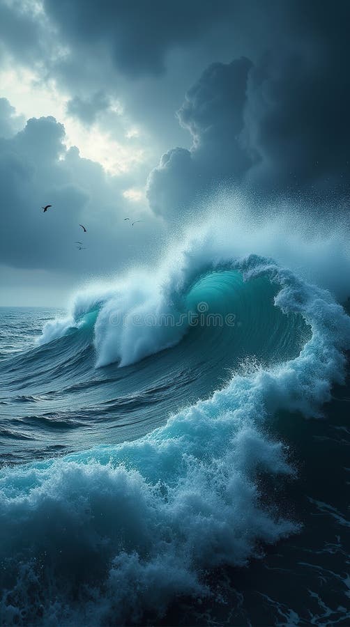 Dramatic Ocean Storm with Towering Wave and Dark Clouds Stock ...