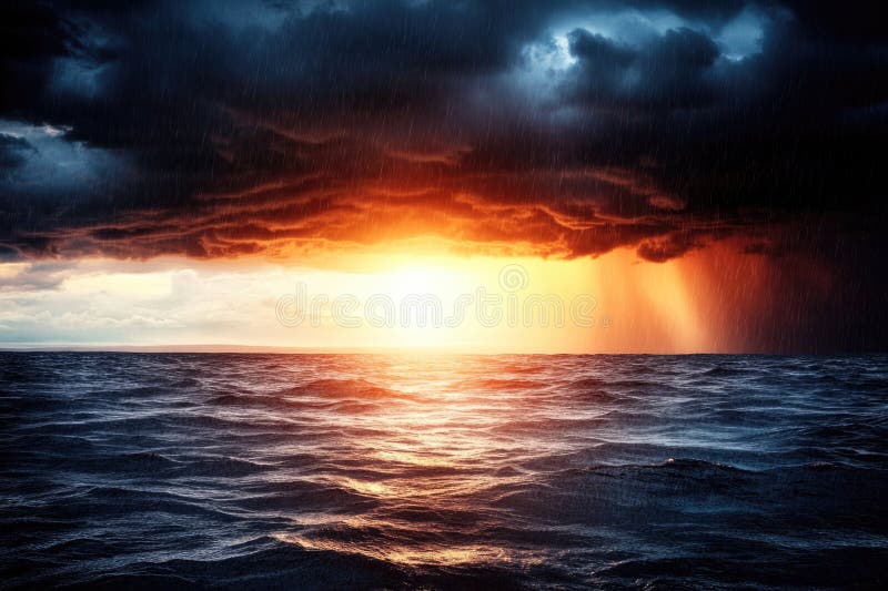 Dramatic Ocean Sunset with Dark Clouds and Rain on Horizon Stock Photo ...
