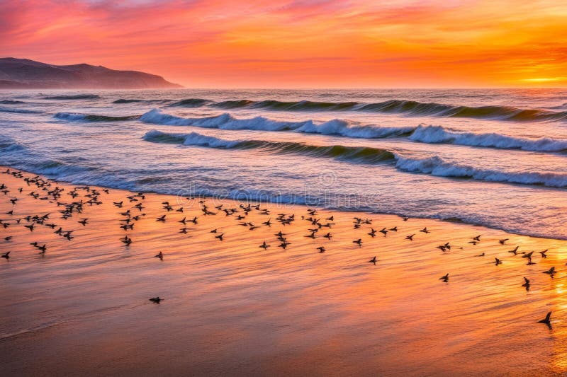 Dramatic Ocean Sunset Illuminating Shoreline, Soft Waves Creating ...