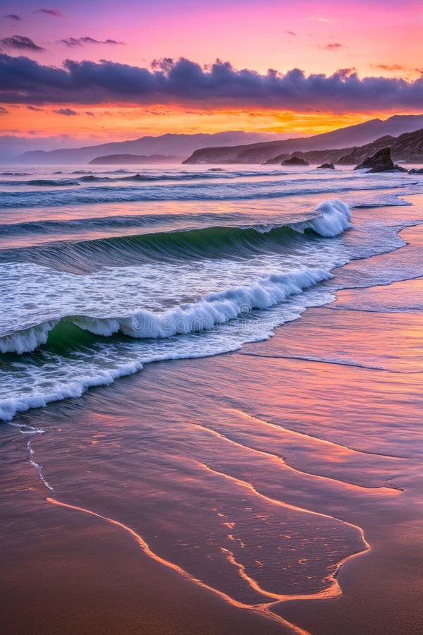 Dramatic Ocean Sunset Illuminating Shoreline, Soft Waves Creating ...