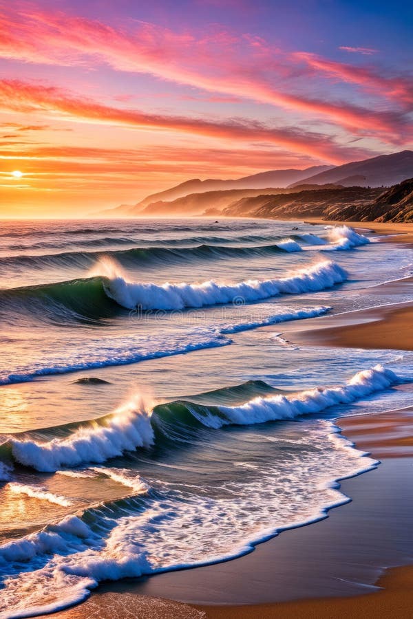 Dramatic Ocean Sunset Illuminating Shoreline, Soft Waves Creating ...