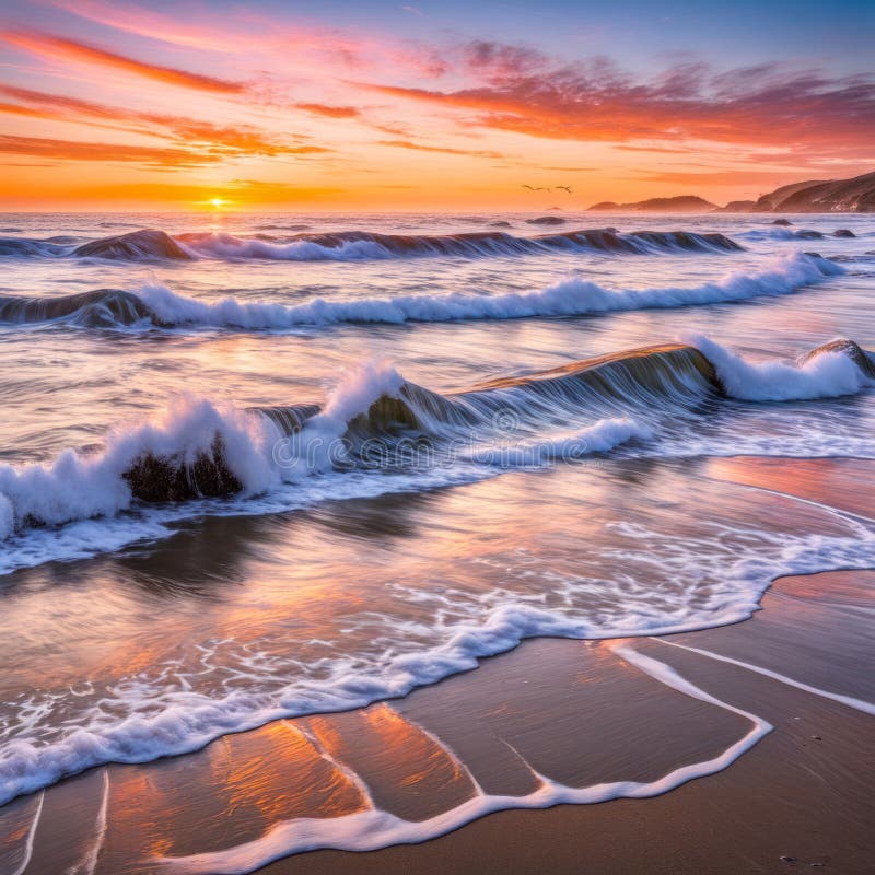 Dramatic Ocean Sunset Illuminating Shoreline, Soft Waves Creating ...