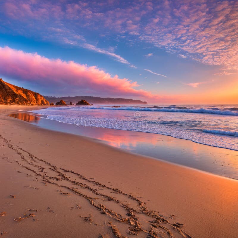 Dramatic Ocean Sunset Illuminating Shoreline, Soft Waves Creating ...