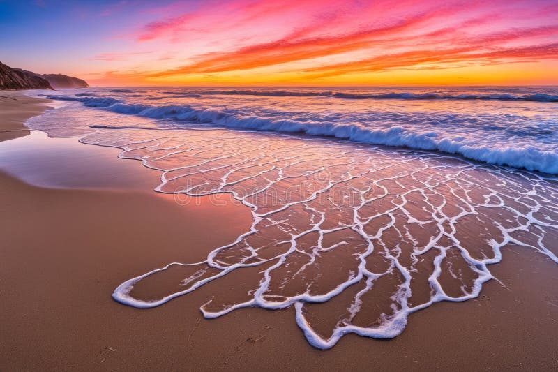 Dramatic Ocean Sunset Illuminating Shoreline, Soft Waves Creating ...