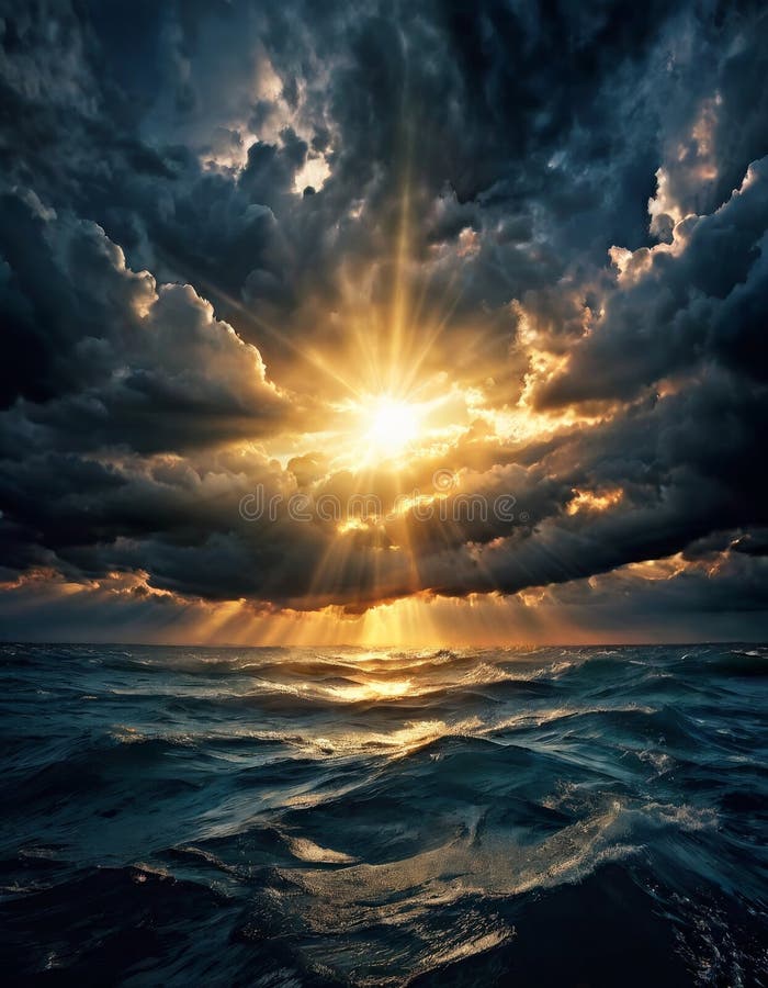 Dramatic Ocean Sunset with Rays of Sunlight Breaking through Clouds ...