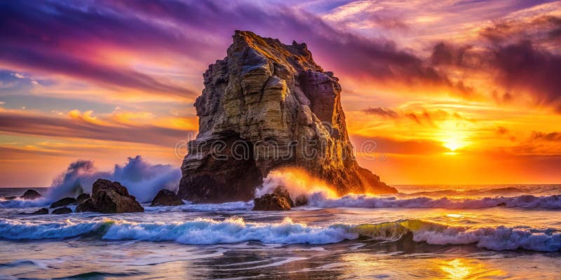 Dramatic Ocean Sunset with Rock Formation and Crashing Waves ...