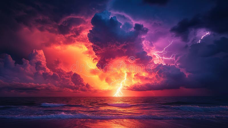 A Dramatic Ocean Sunset with Storm Clouds and Lightning Illuminating ...