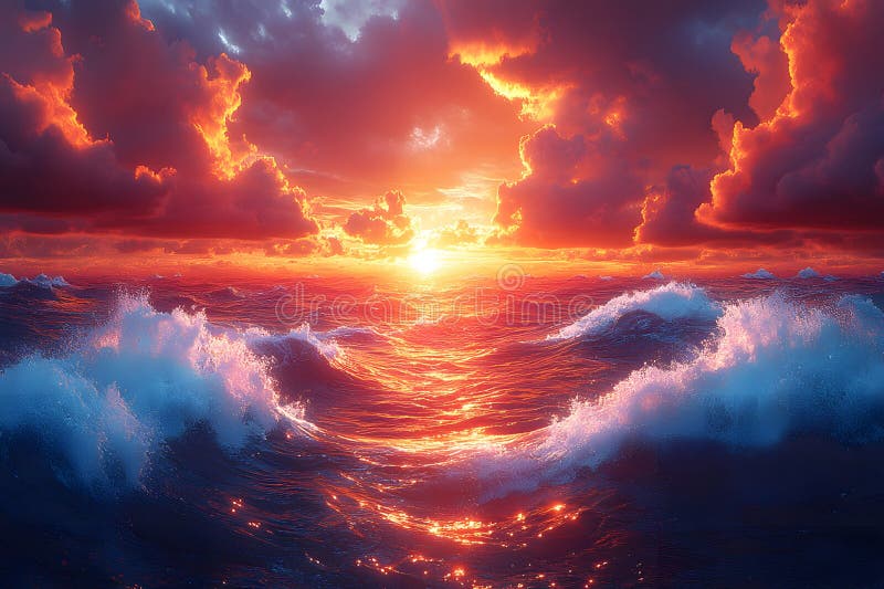 Dramatic Ocean Sunset with Vibrant Clouds and Waves for Nature Posters ...