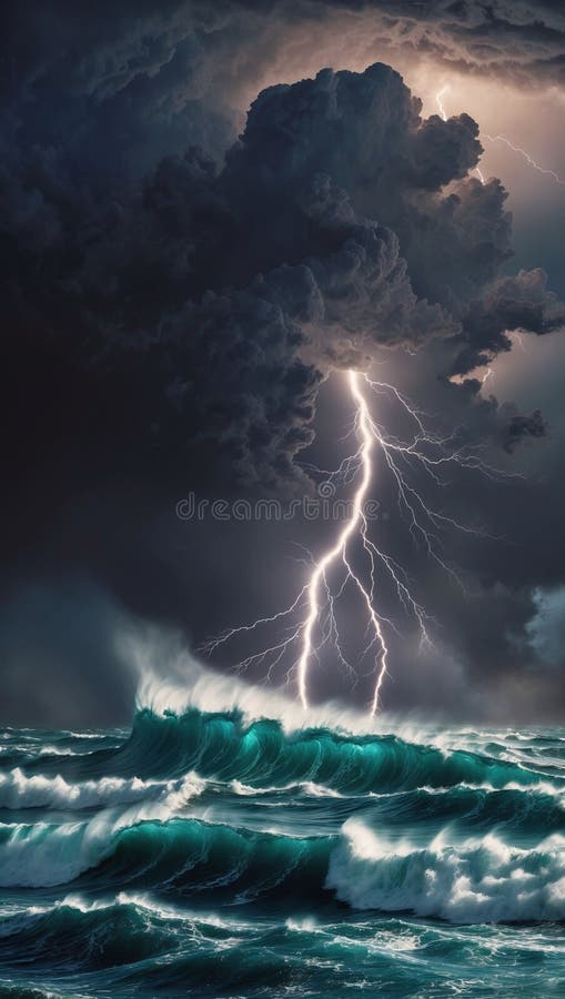 Dramatic Ocean Thunderstorm with Lightning Bolts Striking Water Nature ...