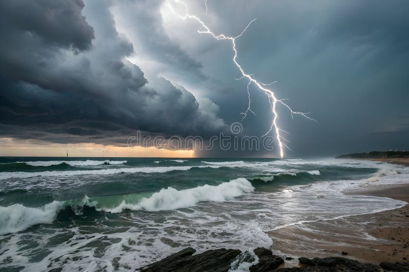 Dramatic Ocean Thunderstorm: Lightning Strikes Coastal Beach Stock ...