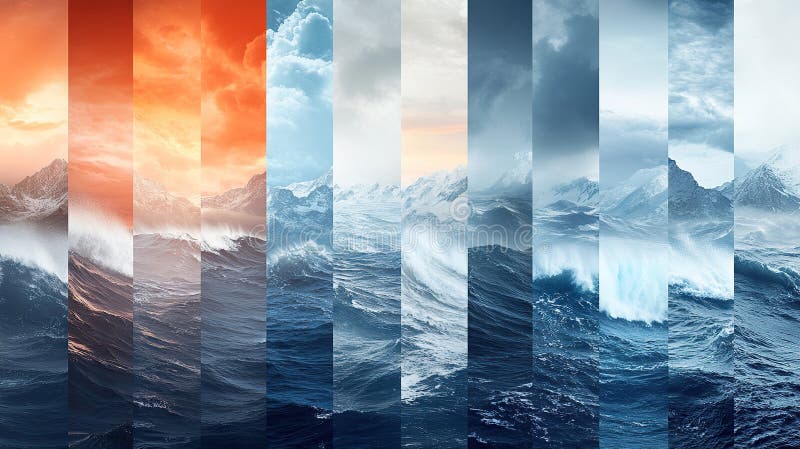 Dramatic Ocean Wave Collage Showcasing Diverse Weather Conditions and ...