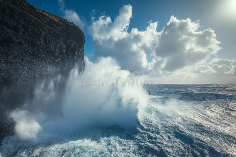 Dramatic Ocean Wave Crashing Against Rugged Cliff a Powerful Wave ...