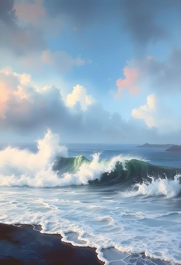 Dramatic Ocean Wave Crashing Under a Cloudy Sky Horizon Stock ...