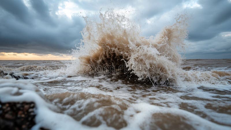 Dramatic Ocean Wave Crashing Under Cloudy Sky at Sunset Stock ...