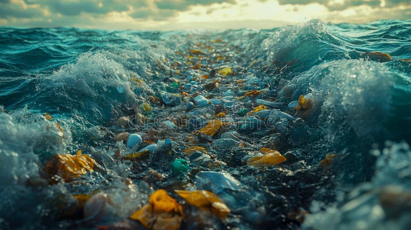A Dramatic Ocean Wave Filled with Colorful Plastic Debris Under a ...