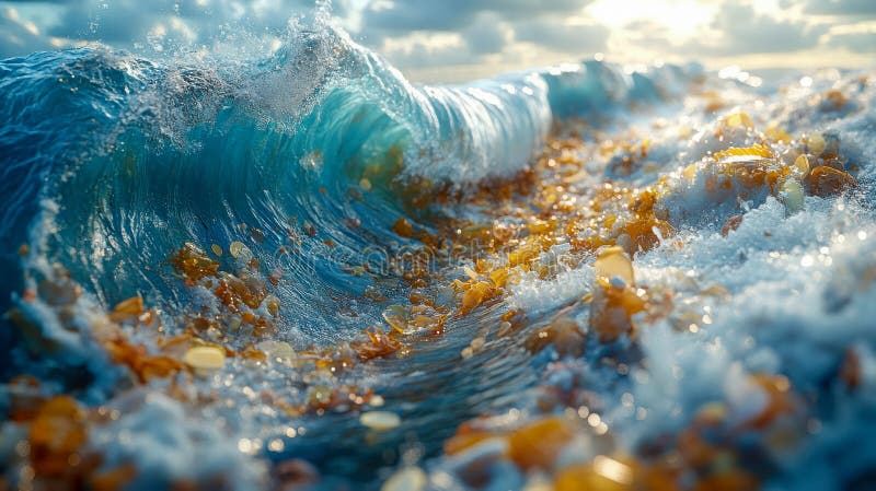 A Dramatic Ocean Wave Filled with Colorful Plastic Debris Under a ...