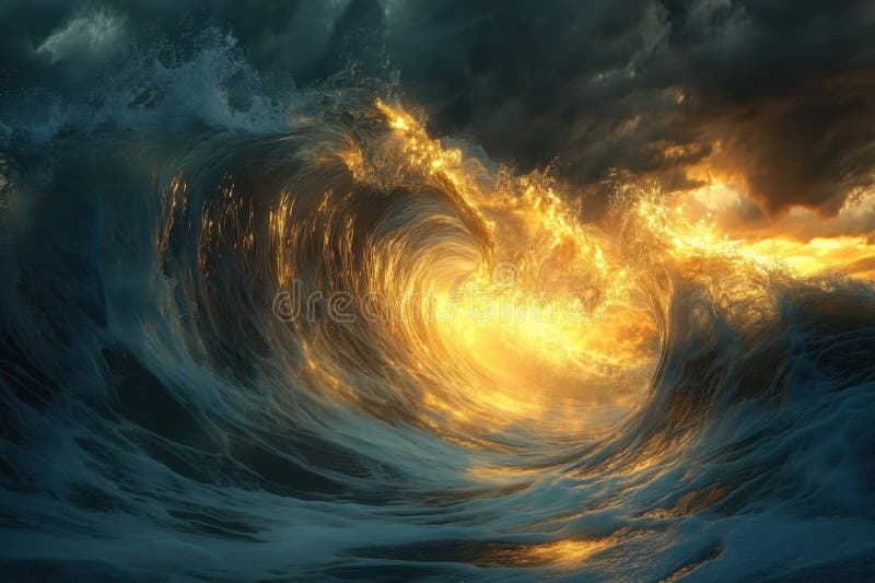 Dramatic Ocean Wave Illuminated by Sunset Against a Stormy Sky Stock ...