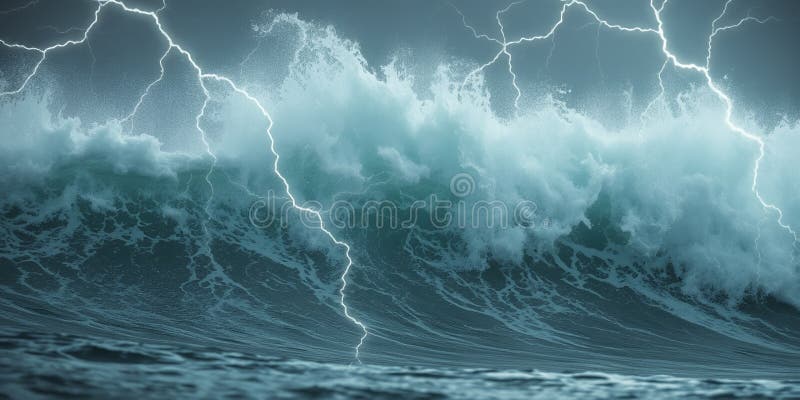 Dramatic Ocean Wave with Lightning Storm Powerful Nature Scene Intense ...