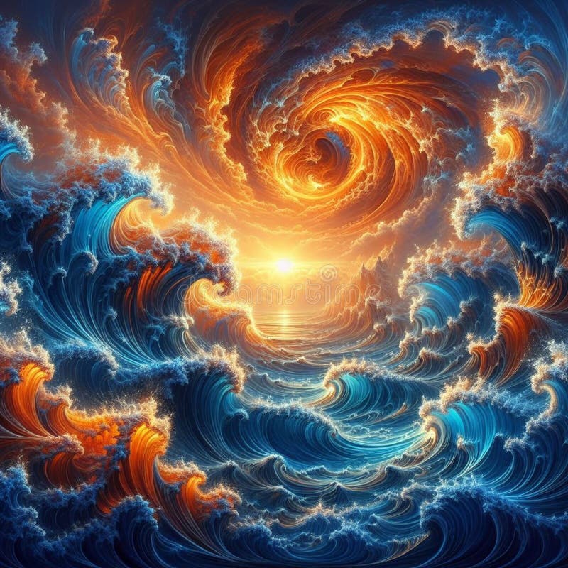 Dramatic Ocean Wave Orange Sky Stock Illustration - Illustration of ...