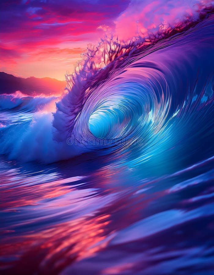 Dramatic Ocean Wave Reflecting Vibrant Sunset Colors Under a Dynamic ...