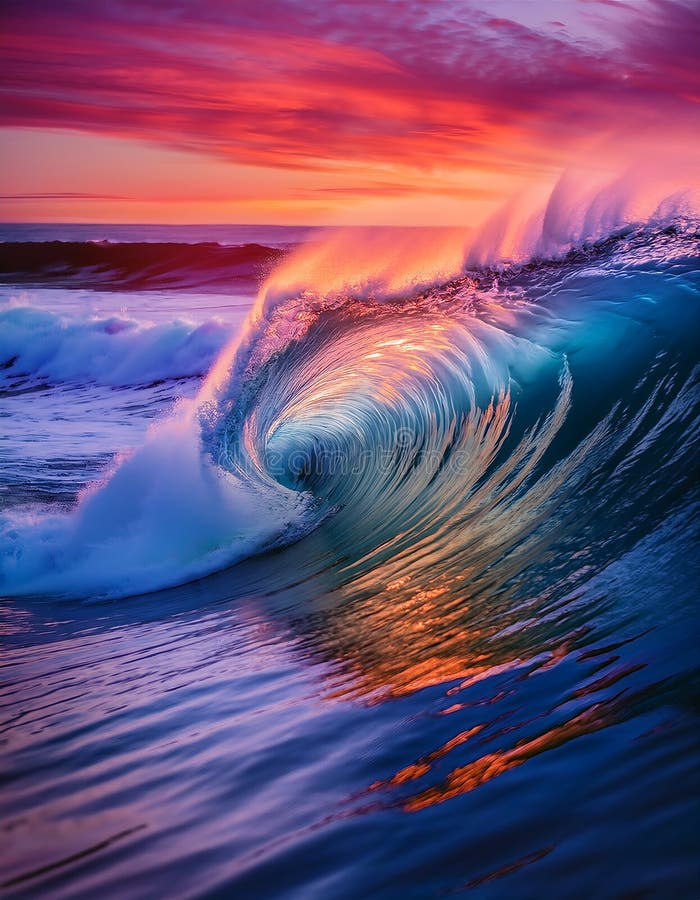 Dramatic Ocean Wave Reflecting Vibrant Sunset Colors Under a Dynamic ...
