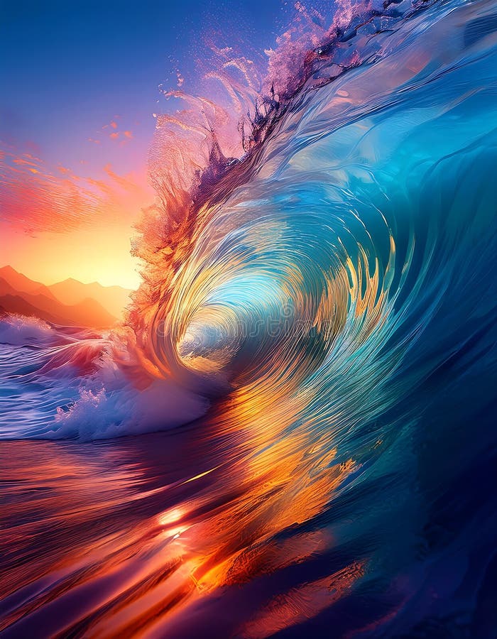 Dramatic Ocean Wave Reflecting Vibrant Sunset Colors Under a Dynamic ...