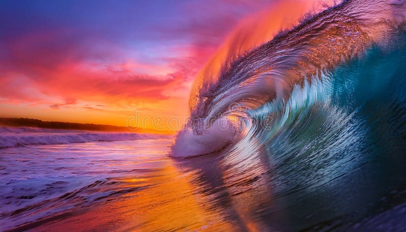 Dramatic Ocean Wave Reflecting Vibrant Sunset Colors Under a Dynamic ...
