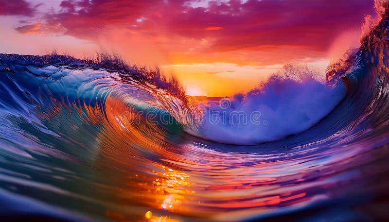 Dramatic Ocean Wave Reflecting Vibrant Sunset Colors Under a Dynamic ...