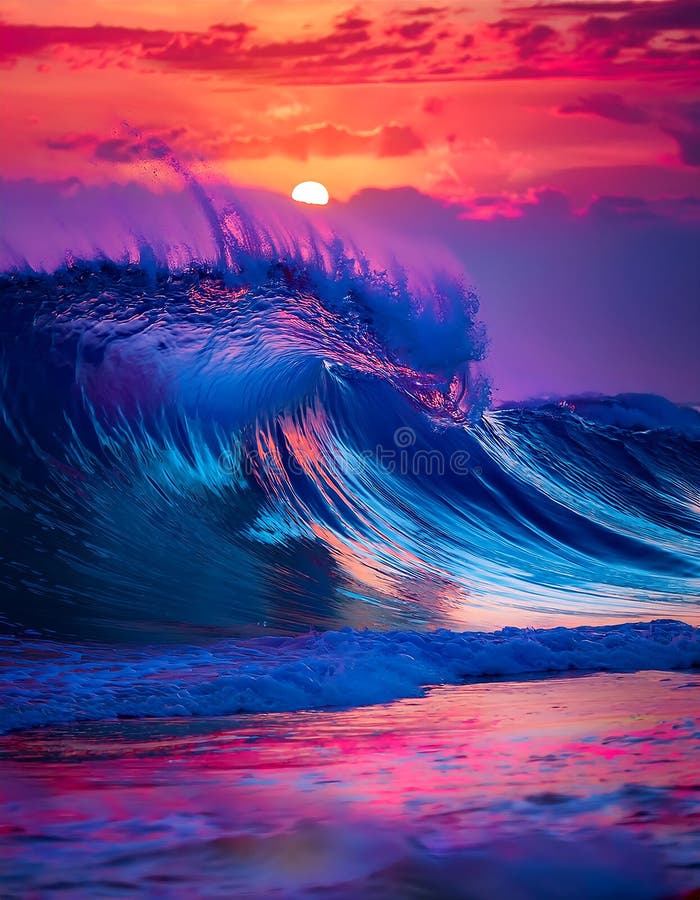 Dramatic Ocean Wave Reflecting Vibrant Sunset Colors Under a Dynamic ...